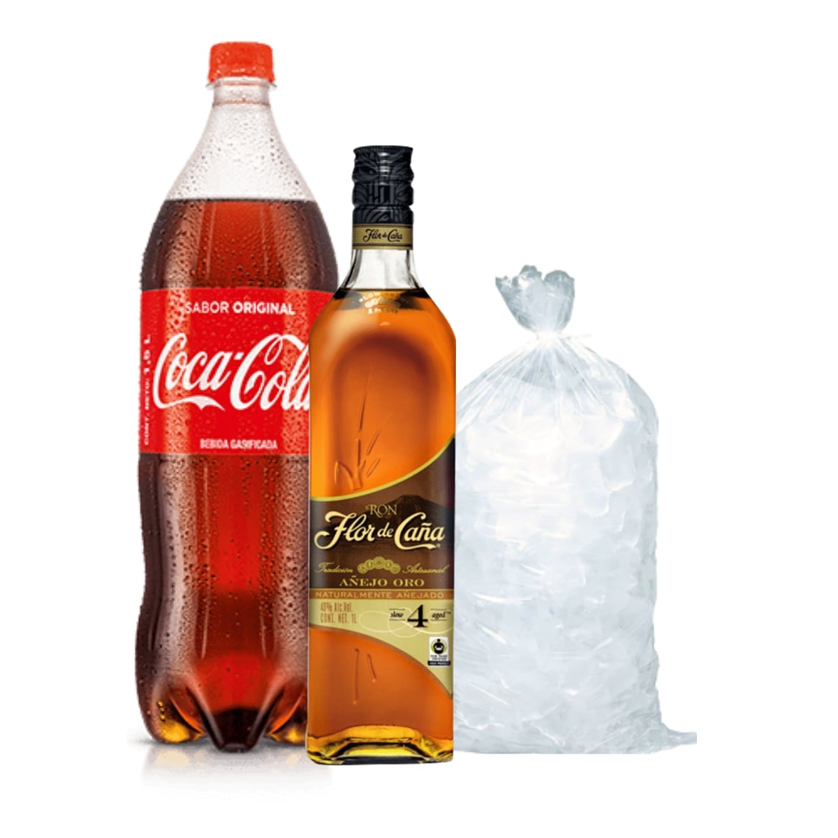 Combo Ron Flor De Caña 4 Años + Coca Cola 2.25L + Hielo 1.5kg - Pide.pe