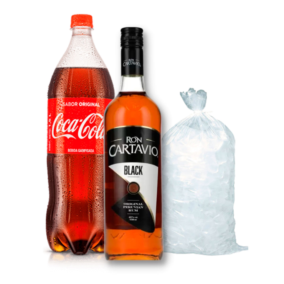 Combo Ron Cartavio Black 750mL + Coca Cola 2.25L + Hielo 1.5kg – Pide.pe