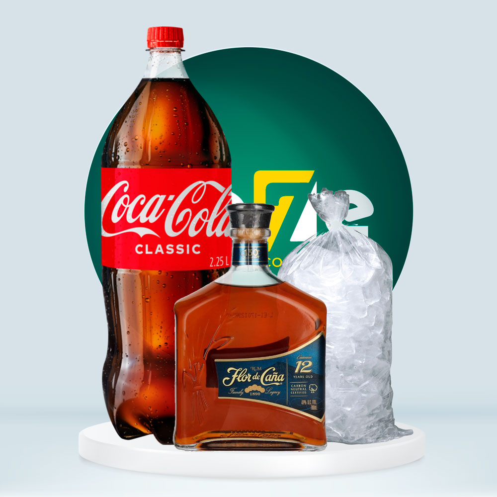 Combo Ron Flor De Caña 12 Años + Coca Cola 2.25L + Hielo 1.5kg - Pide.pe